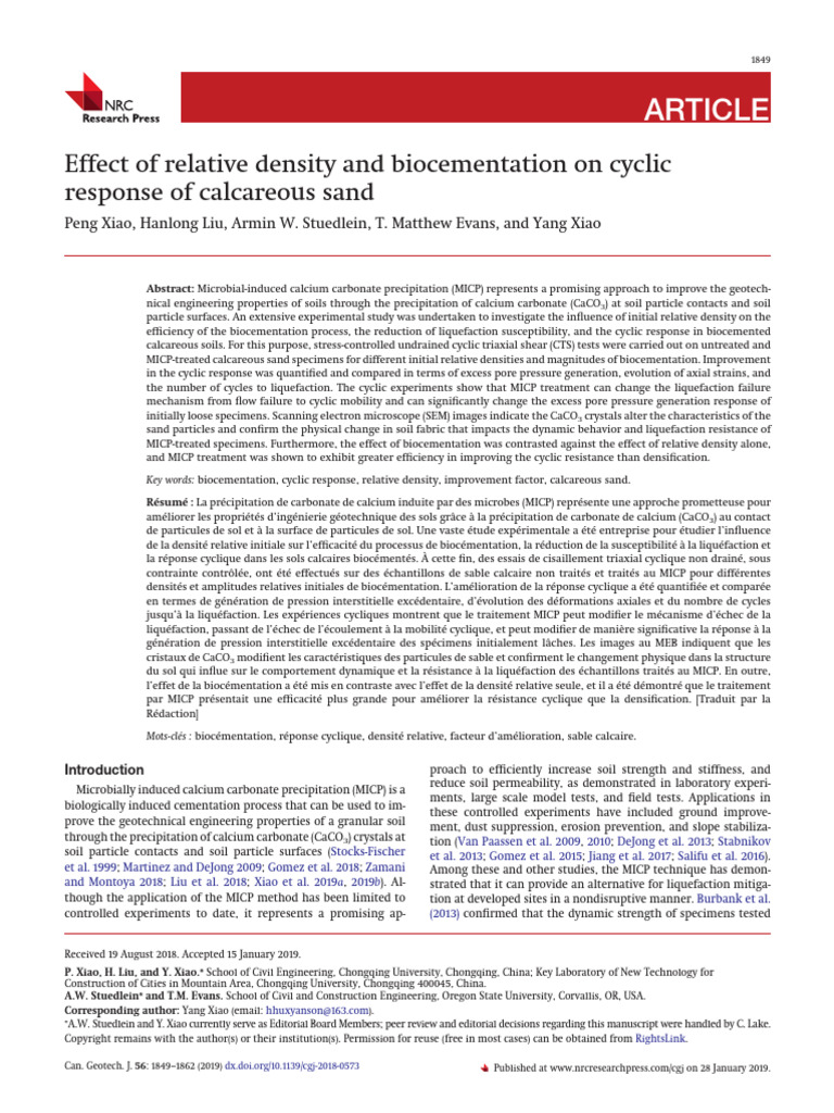 Effect of Relative Density and Biocementation on Cyclic Response of ...