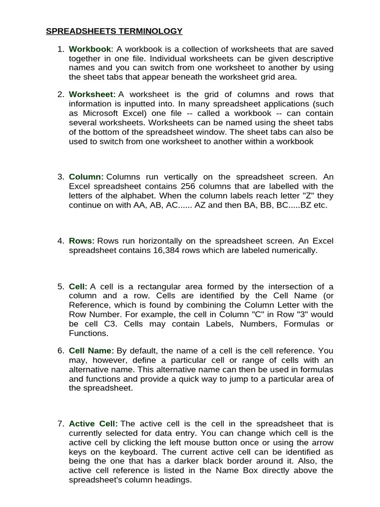 spreadsheets terminology | PDF | Spreadsheet | Microsoft Excel