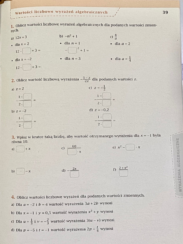 wartosci liczbowe wyrazen algebraicznych | PDF