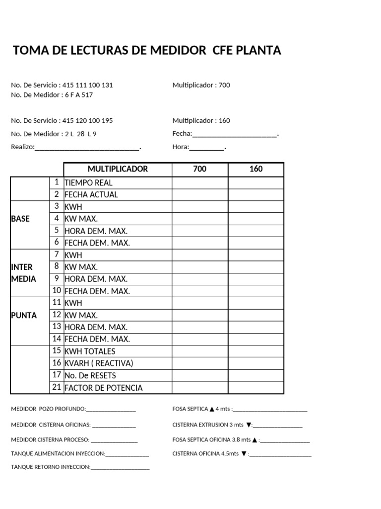 Formato de Lecturas Cfe Planta | PDF