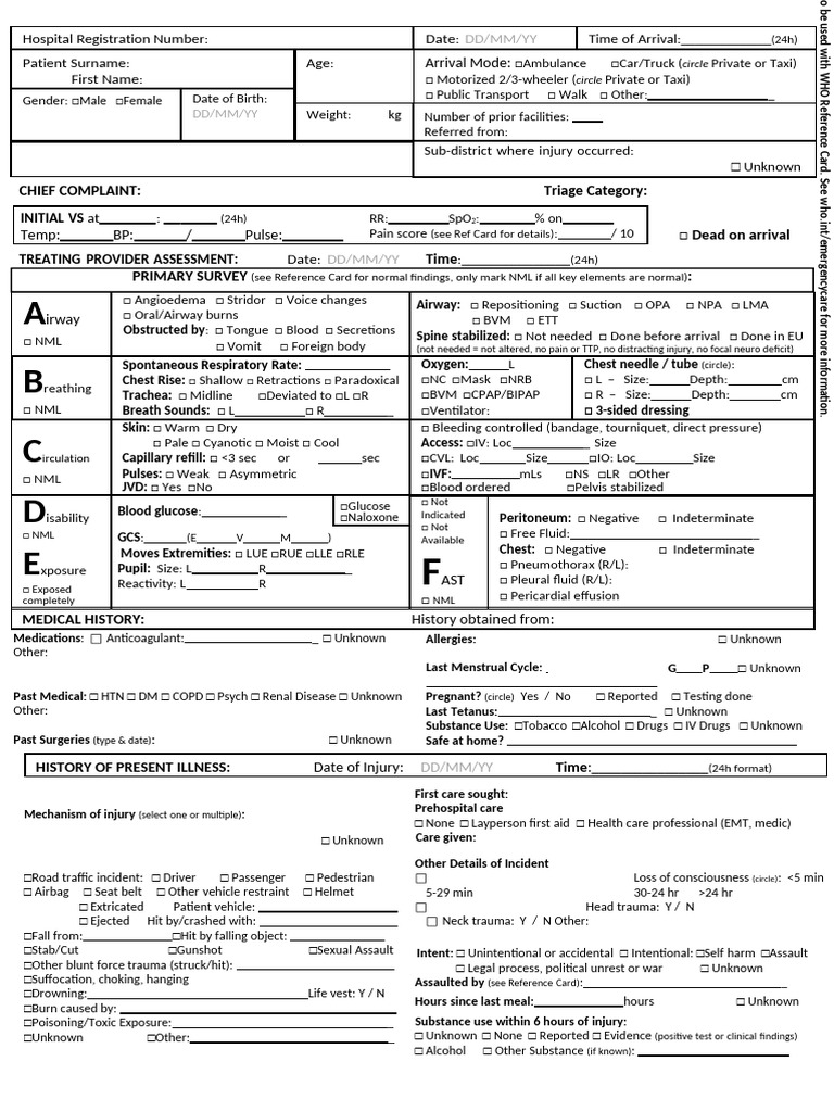 Who Standardized Emergency Unit Form Traumanotion | PDF | Major Trauma ...