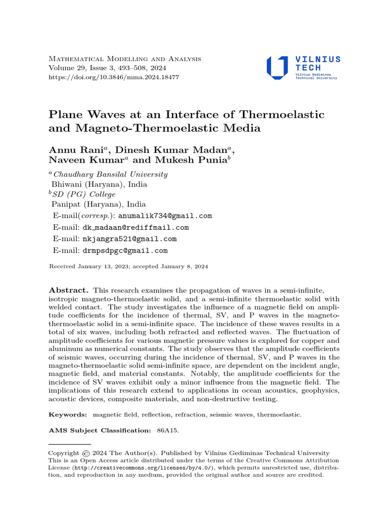 Plane Waves at An Interface of Thermoelastic and Magneto-Thermoelastic Media | PDF | Waves ...