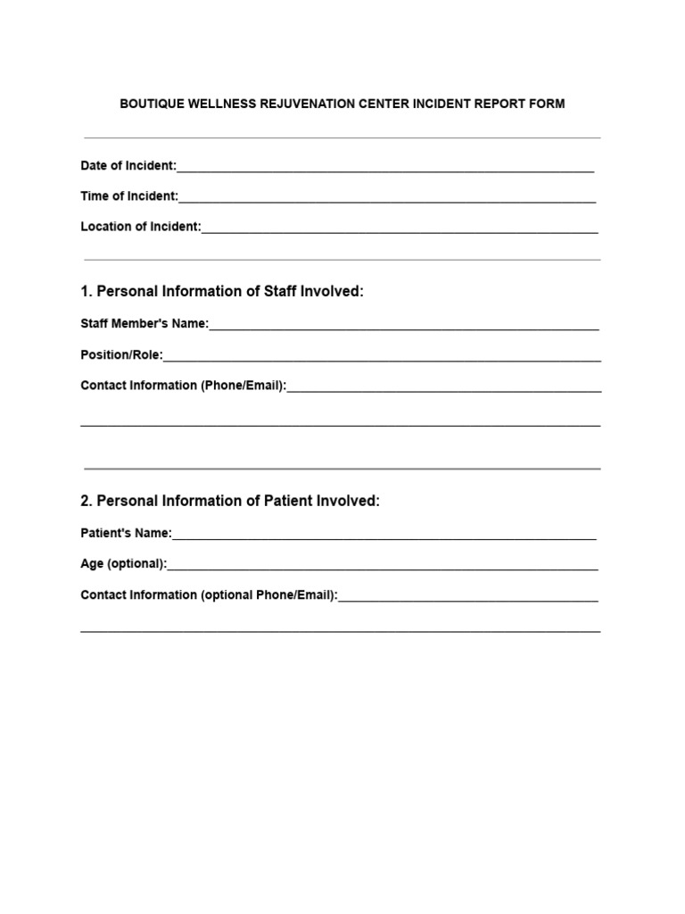 Boutique Wellness Rejuvenation Center Incident Report Form | PDF ...