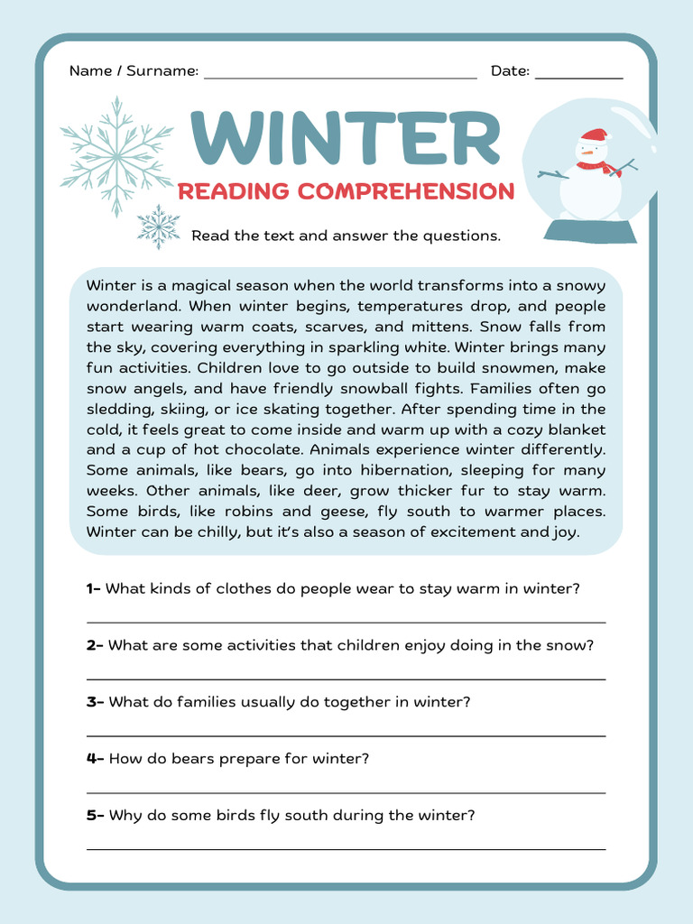 Winter Reading Comprehension Worksheet | PDF | Snow