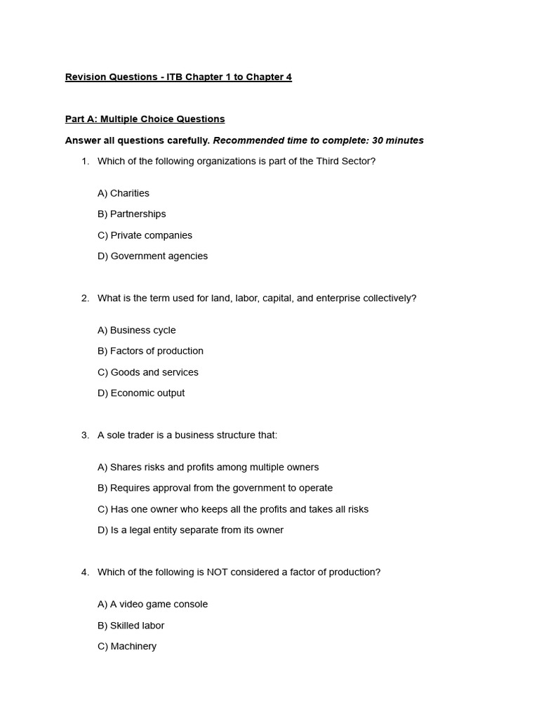 Revision Questions Y8 ITB Ch1-Ch4 | PDF | Corporations | Sole ...