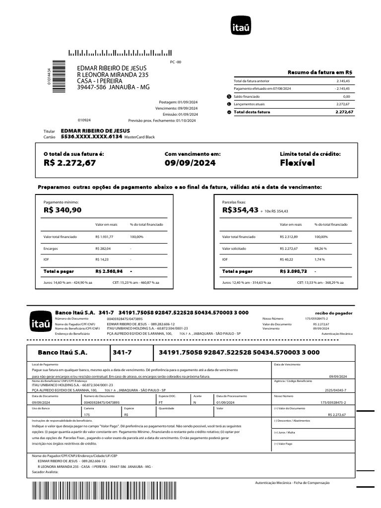 Fatura Cartão Itaú - Edmar Jesus | PDF | Seguro | Juros