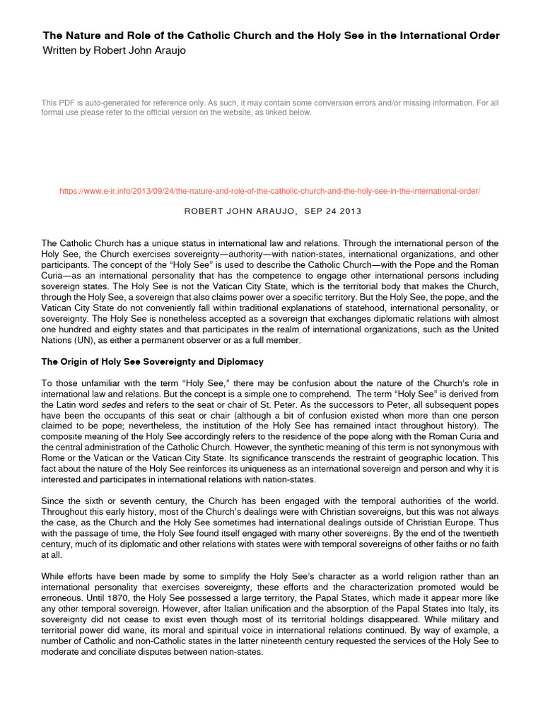 Catholic Church's Role in International Law | PDF | Holy See | Pope