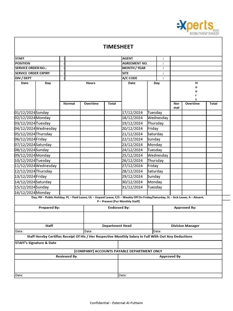 Al-Futtaim December 2024 Timesheet | PDF | Working Time | Labor