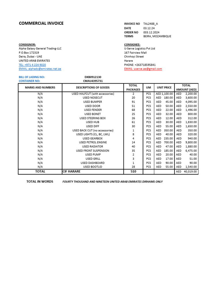 Commercial Invoice Cmau4395731 | PDF | Vehicles | Rear Wheel Drive Vehicles