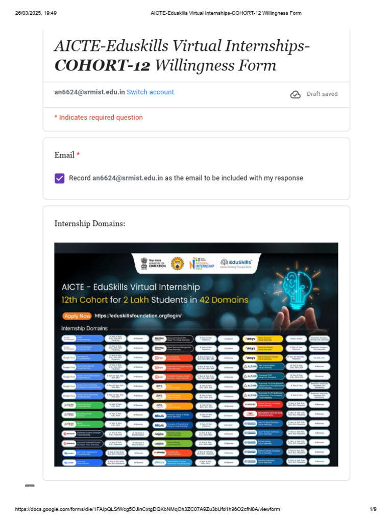 AICTE-Eduskills Virtual Internships-COHORT-12 Willingness Form | PDF ...