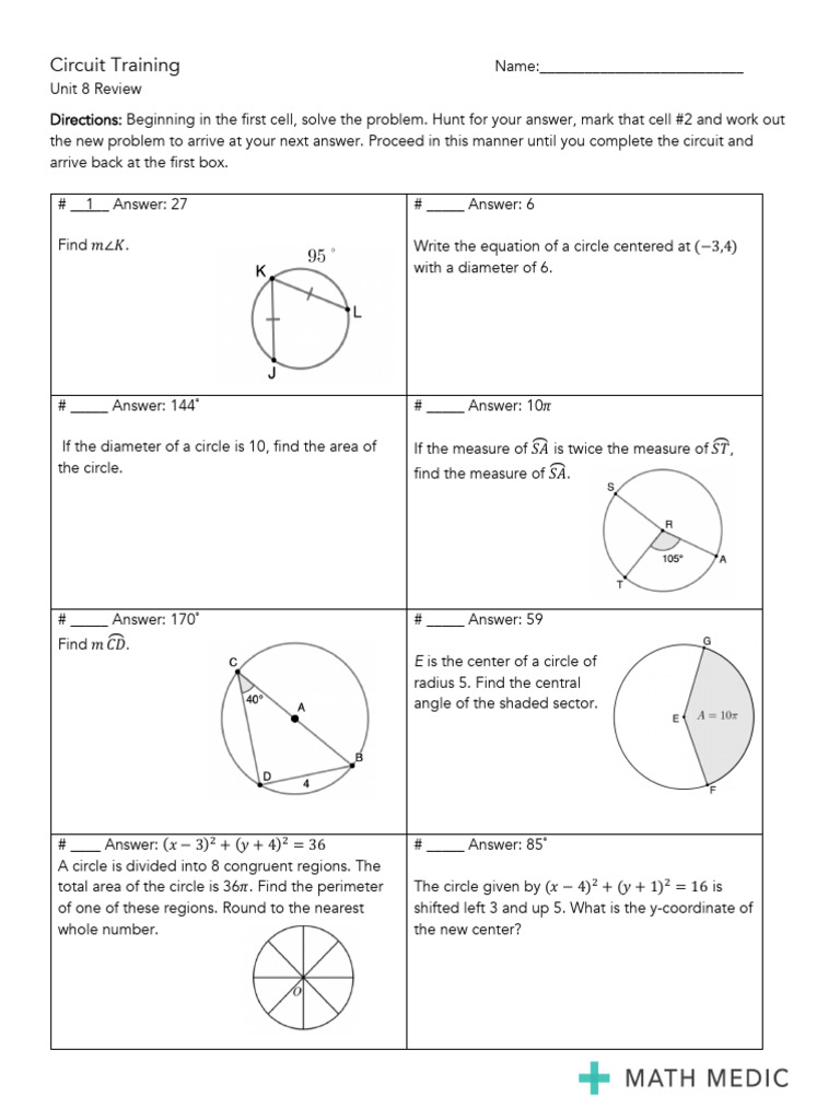 Unit 8 Circle Review Worksheet | PDF | Circle | Area