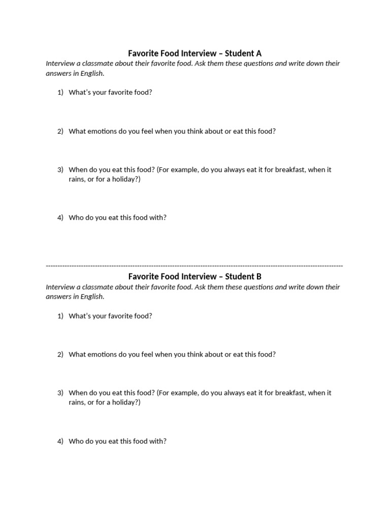 Favorite Food Interview Responses | PDF