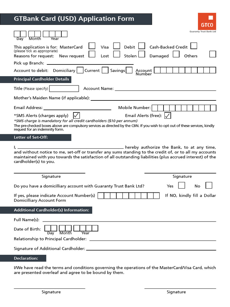 GTBank USD Card Application Form | PDF | Credit Card | Debit Card