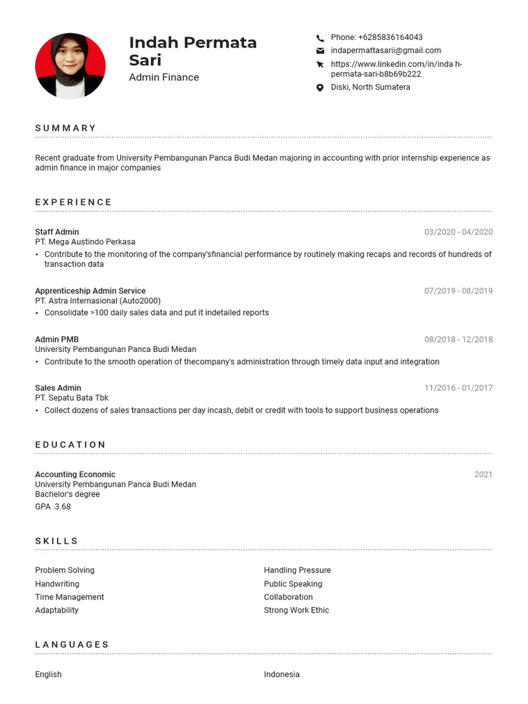 Indah Permata Sari - Admin Finance - CV | PDF
