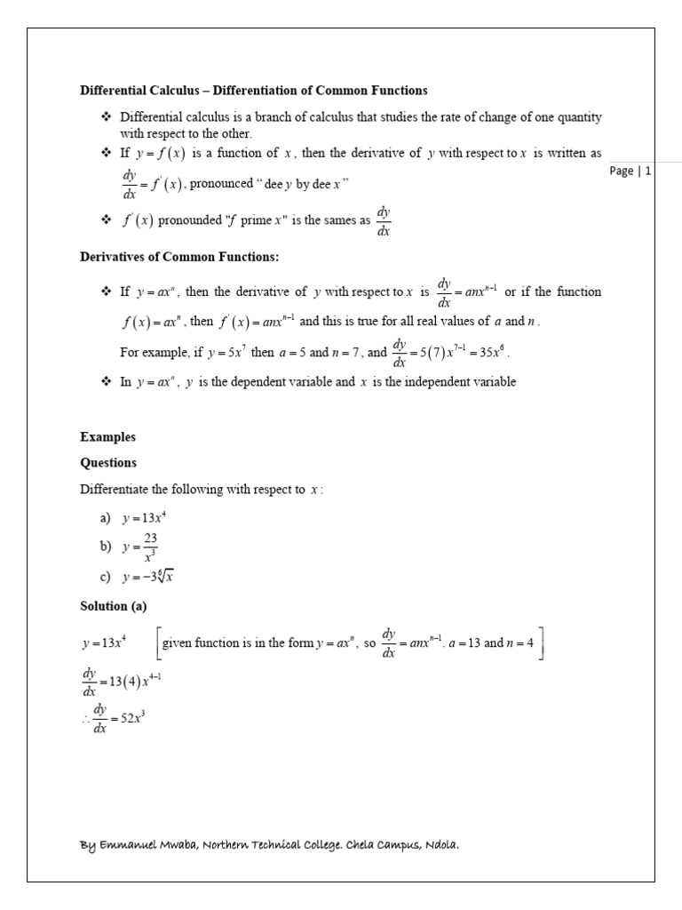 Differentiation of Common Functions | PDF | Derivative | Mathematical ...