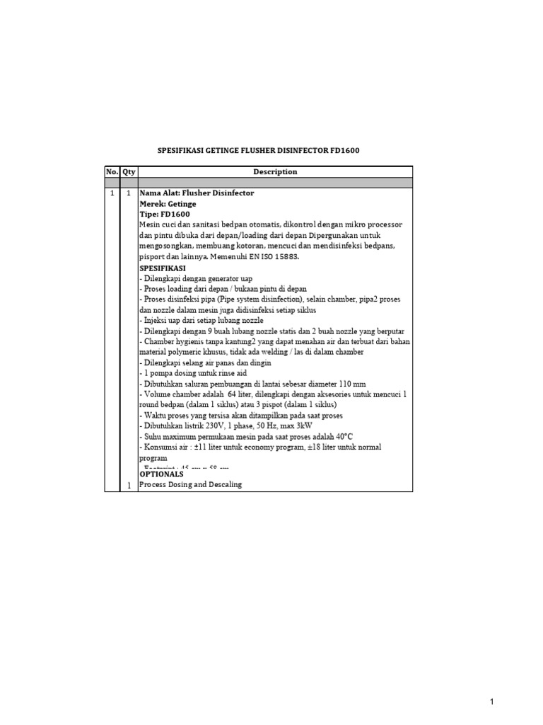 Spesifikasi Getinge Flusher FD1600 | PDF