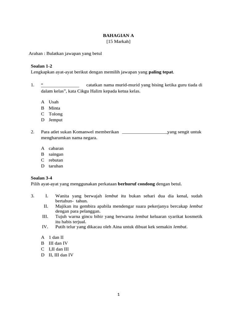 soalan uasa bm form 1 kerts 2 | PDF