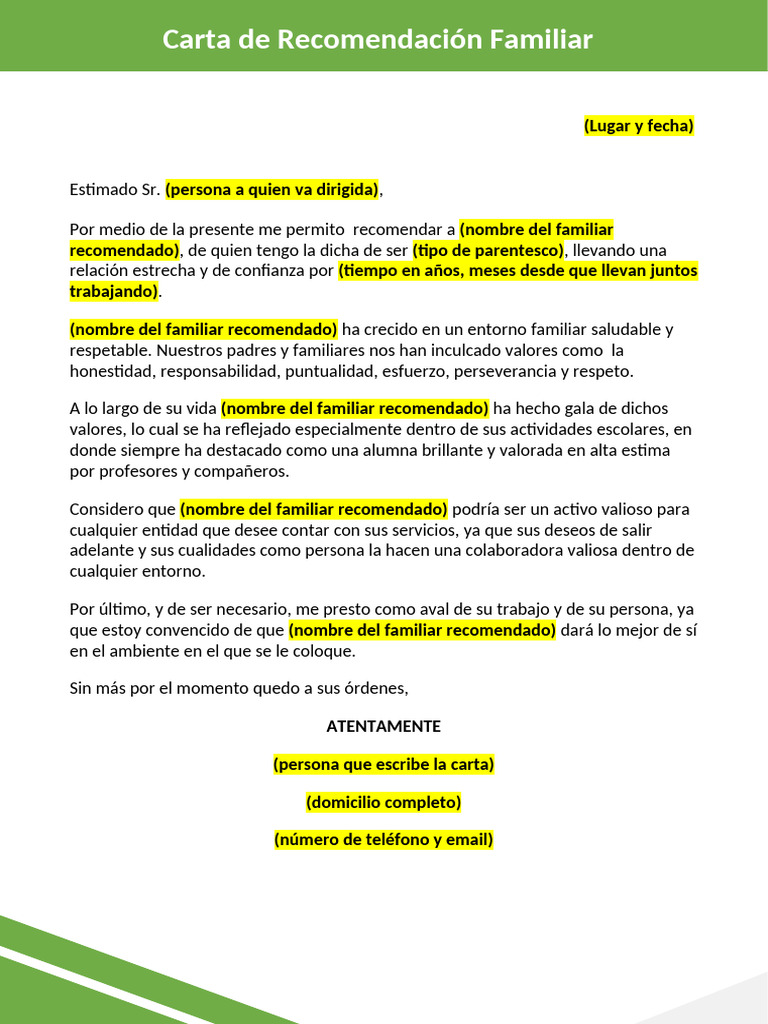 Modelo de Carta de Recomendacion Familiar Word | PDF