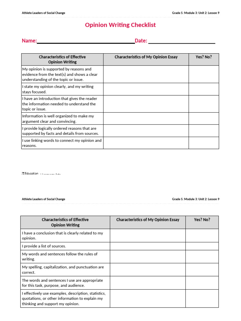 Opinion Writing Checklist | PDF