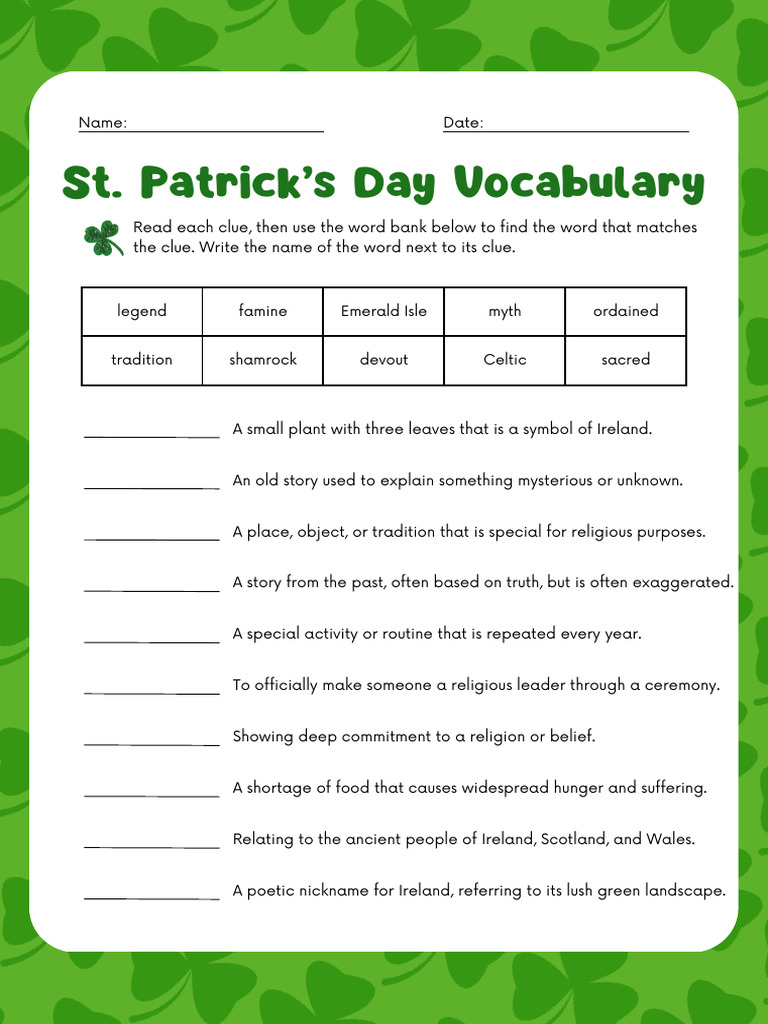 St. Patrick's Day Vocabulary Quiz | PDF | Saint Patrick | Ireland
