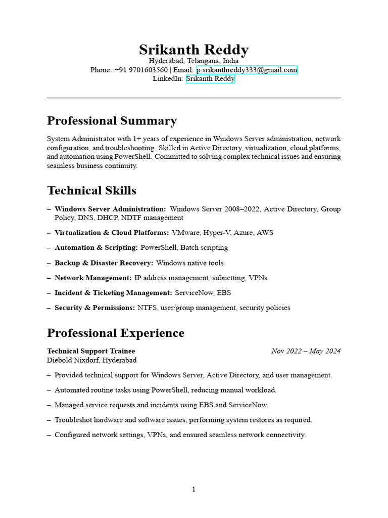 System Administrator Resume - Srikanth Reddy | PDF