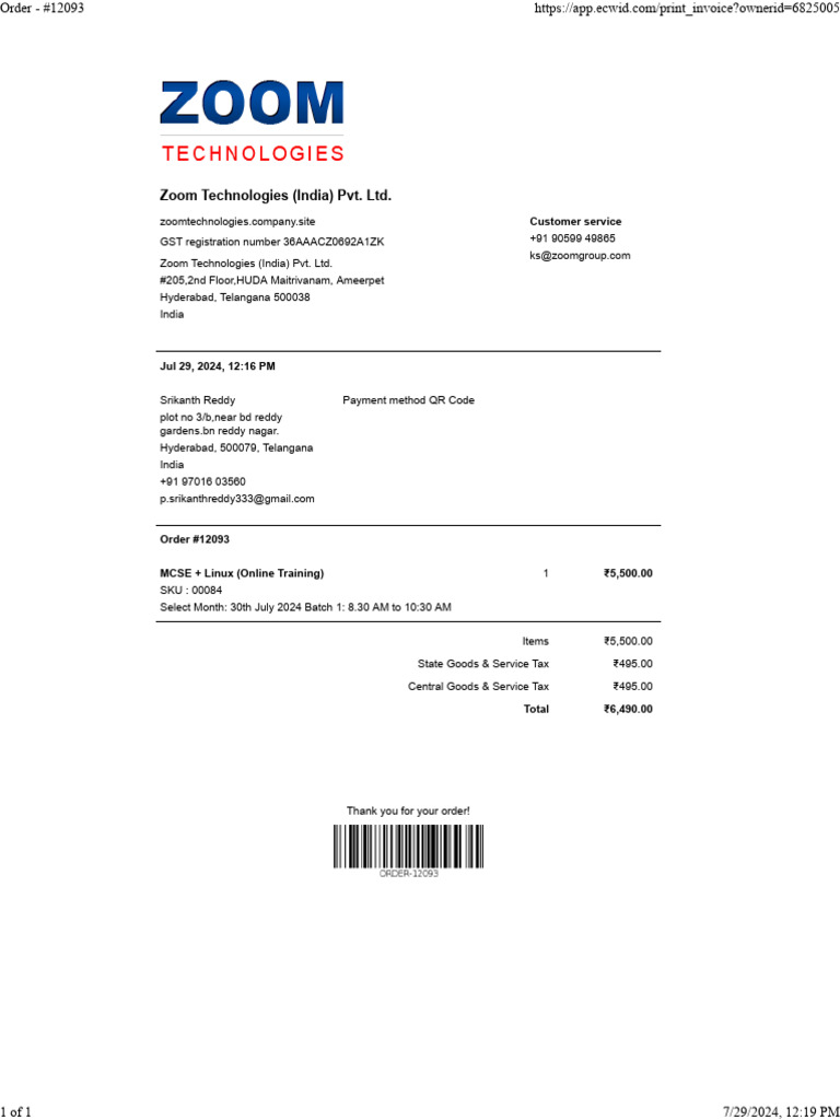 Zoom Technologies Order Invoice #12093 | PDF