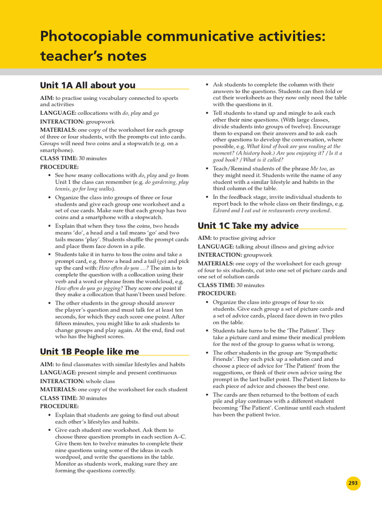 Pre-Intermediate - Communicative Activity - Teacher's Notes | PDF ...