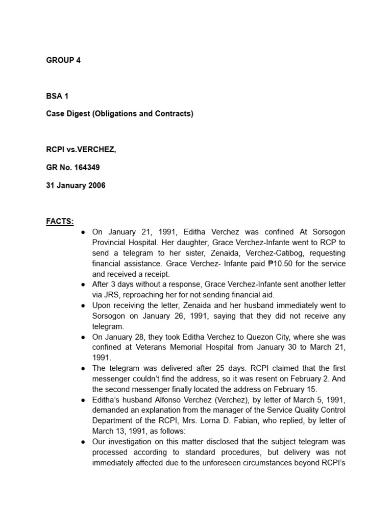 GROUP 4 RCPI Vs - VERCHEZ PDF | PDF | Negligence | Breach Of Contract