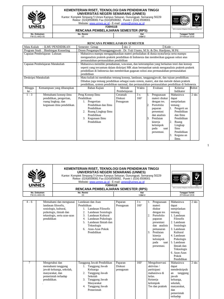 RPS Ilmu Pendidikan | PDF