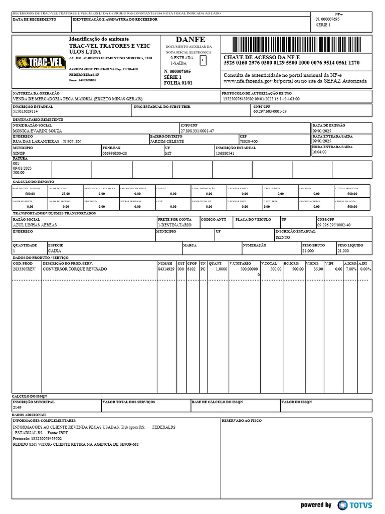 danfe_02511720250117102330 | PDF | Recibo | Documentos empresariais