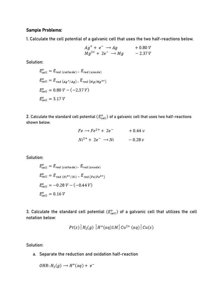 Solutions in Sample Problems in Standard Cell Potential | PDF