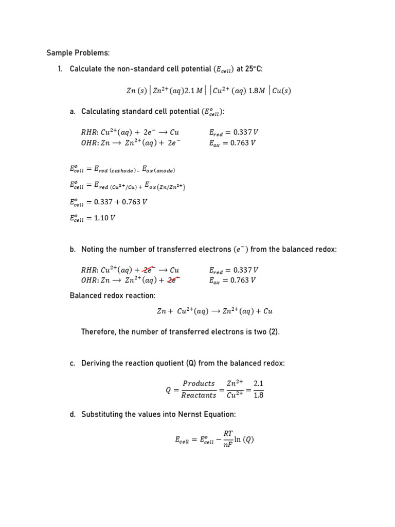 Solutions in Sample Problems in Non-Standard Cell Potential | PDF ...