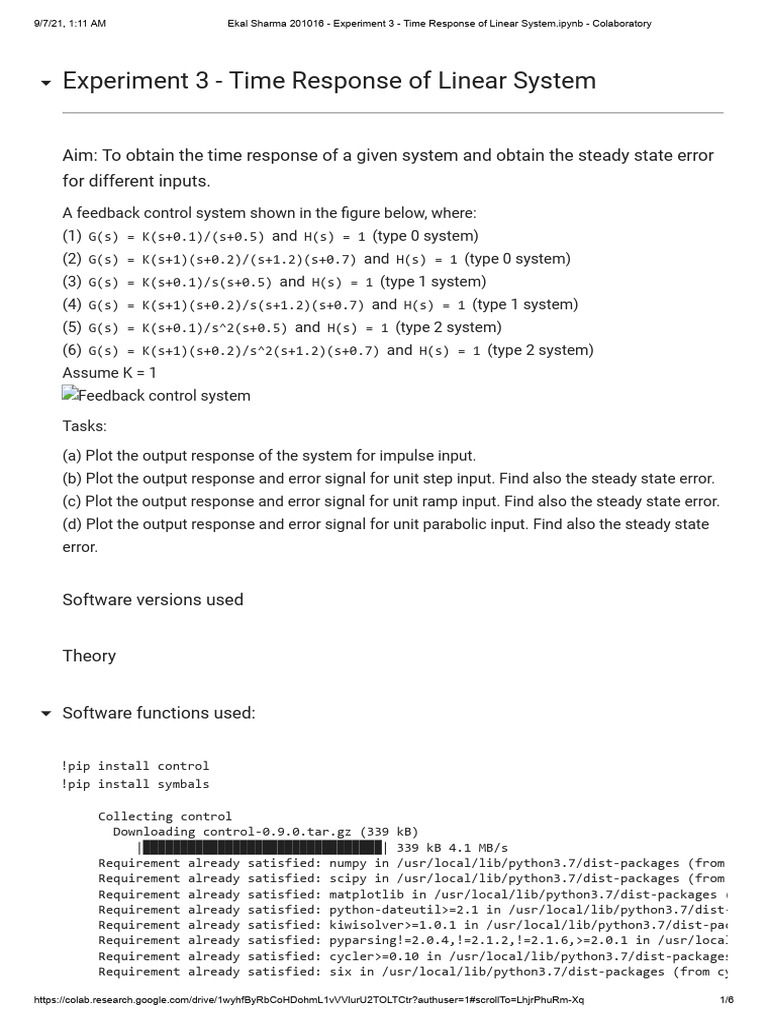 Time Response of Linear System - Ipynb - Colaboratory | PDF | Control Theory | Electronics