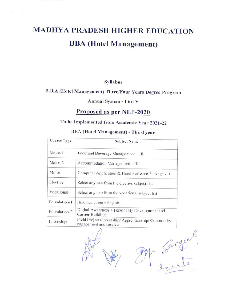 BBA Hotel Management 3rd Year Syllabus NEP 2020 | PDF