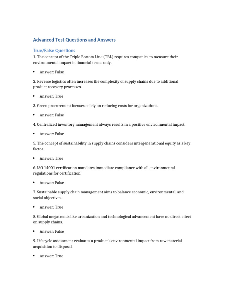 Advanced Test Questions and Answers | PDF | Supply Chain | Sustainability