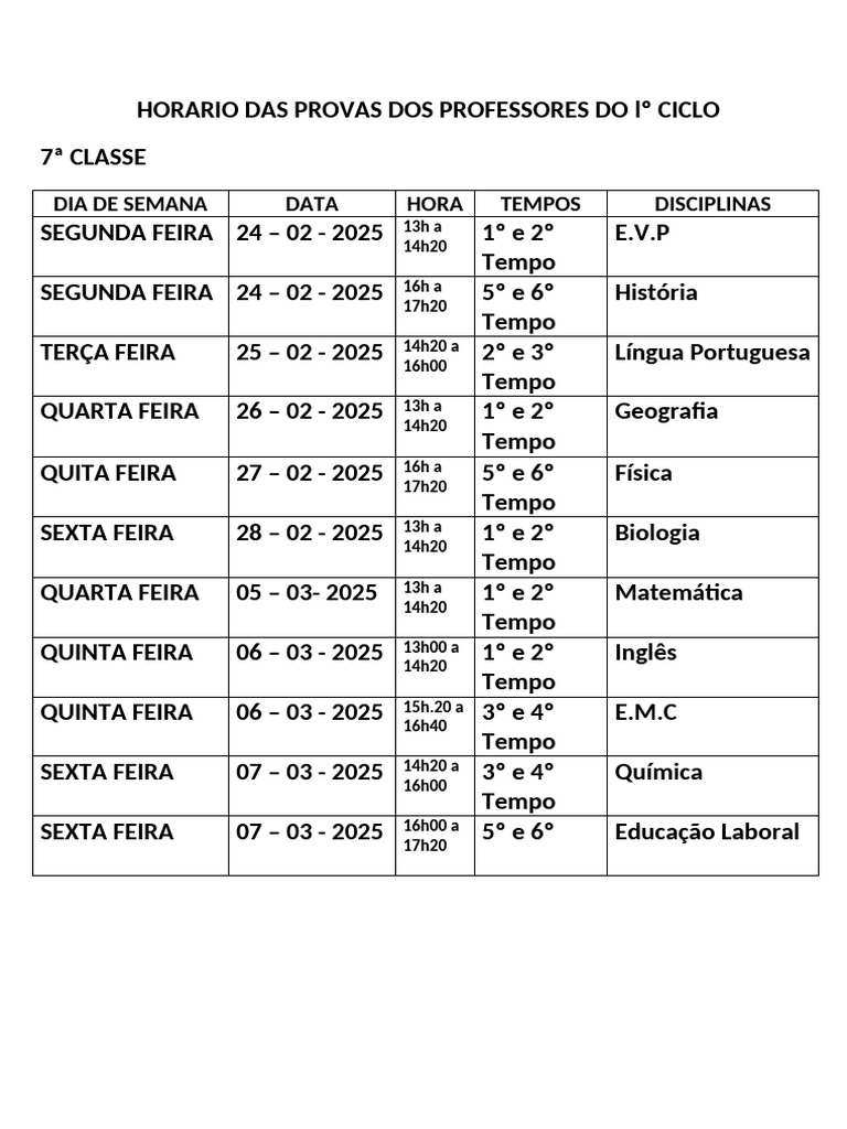 HORARIO DAS PROVAS DOS PROFESSORES DO 1º CICLO | PDF | Ciências naturais