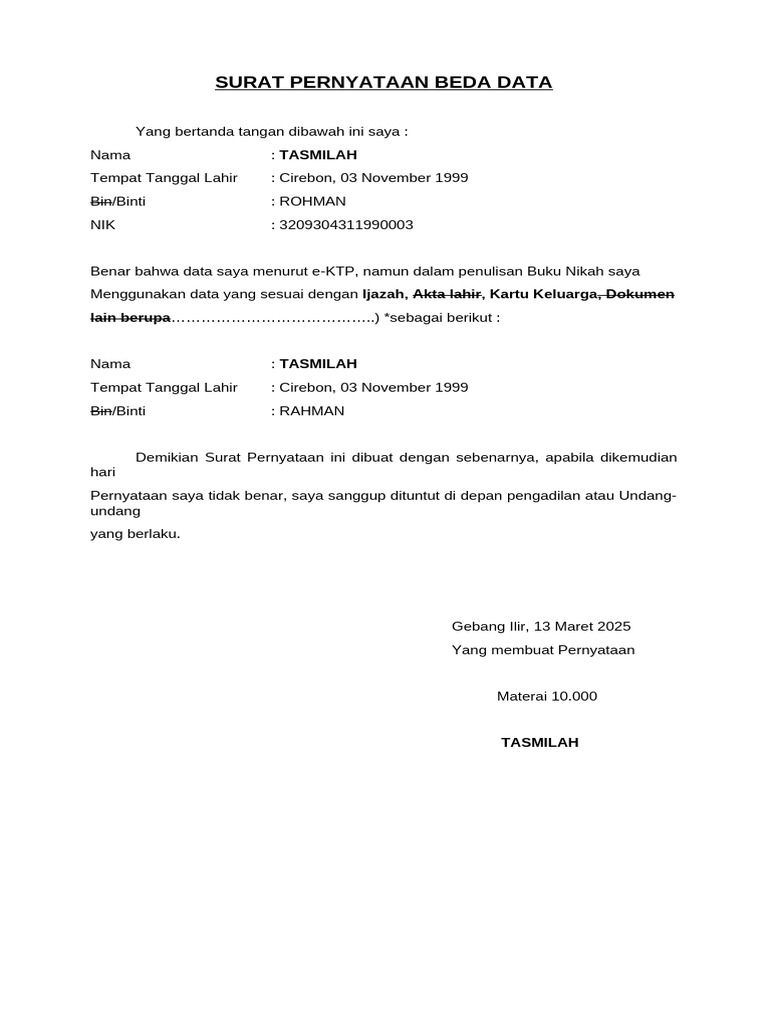 Surat Pernyataan Beda Data | PDF