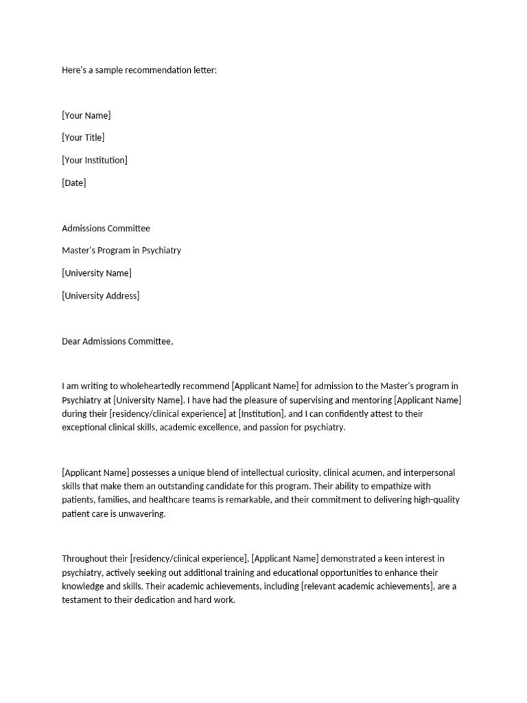 Sample Psychiatry Master's Recommendation Letter | PDF