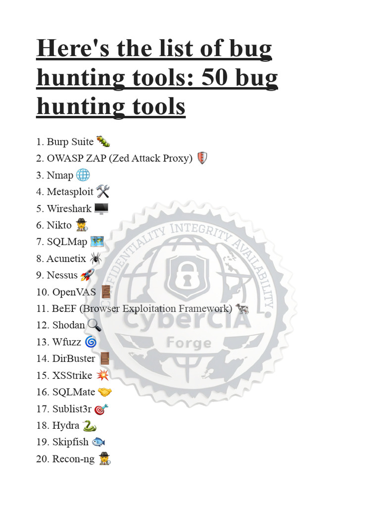 Top 50 Bug Hunting Tools List | PDF