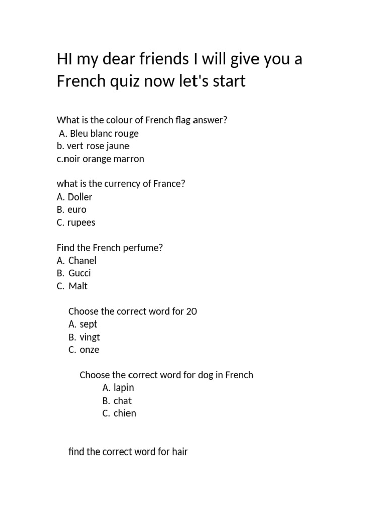 French Quiz: Questions & Answers | PDF