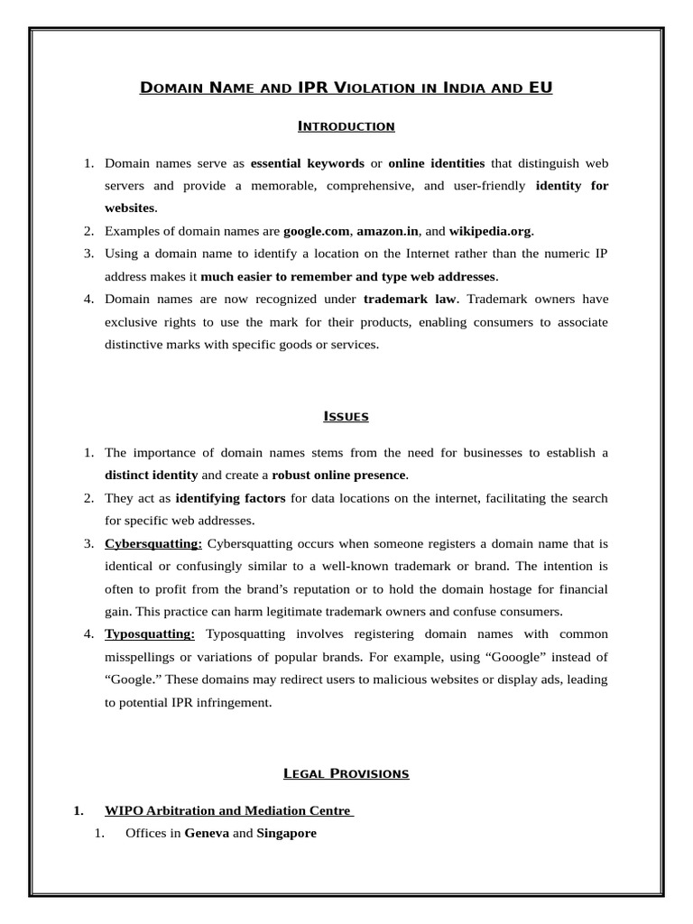 Domain Name and IPR Violation in India and EU | PDF | Trademark