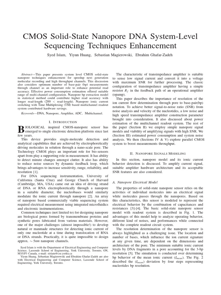 CMOS Solid State Nanopore DNA System Level Sequencing Techniques ...