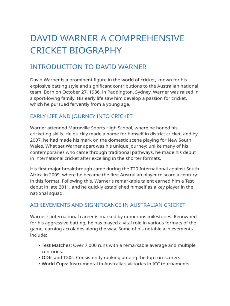 David Warner: Cricket Career Overview | PDF | Australia National ...