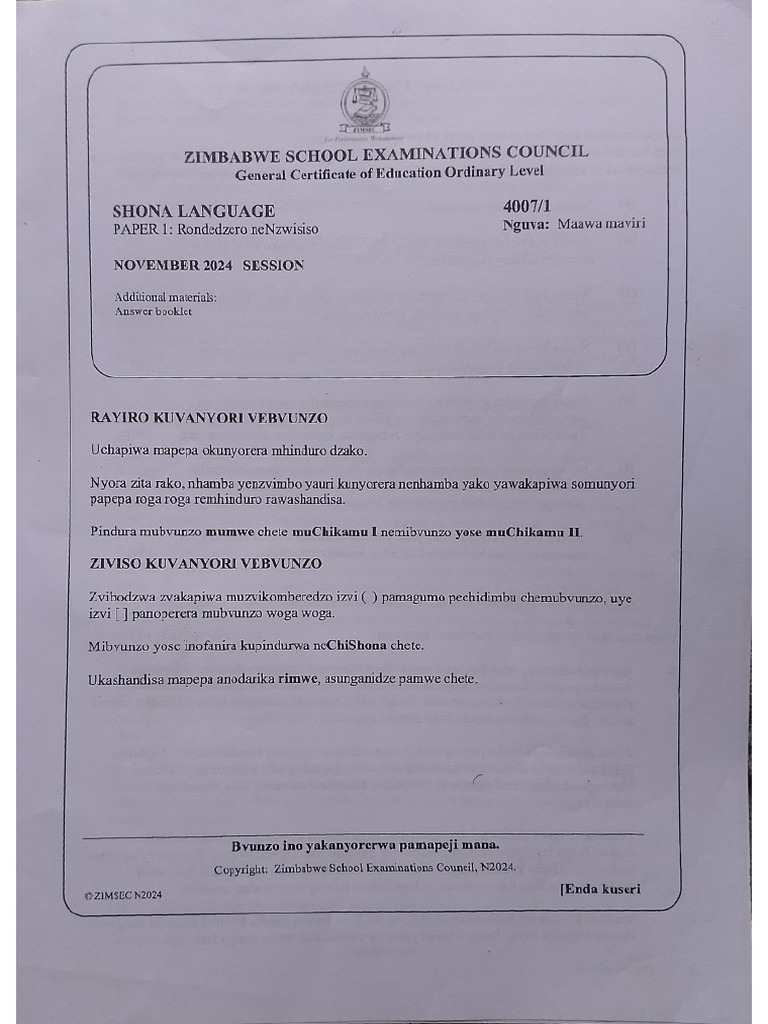 Shona Paper 1 November 2024 | PDF