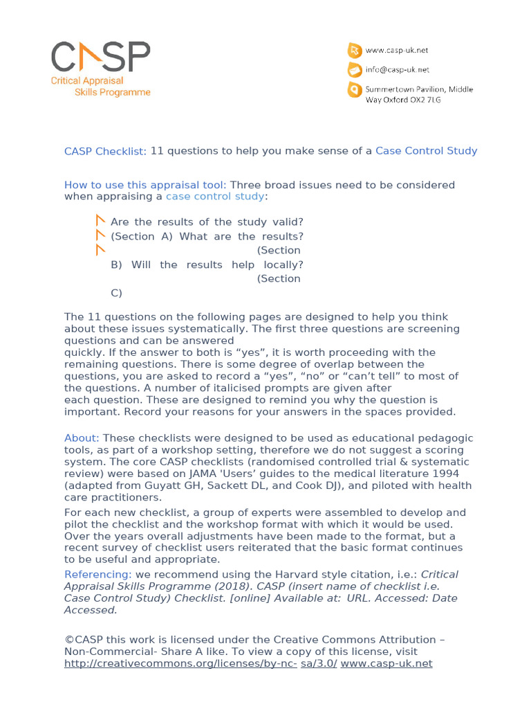 CASP Case Control Study Checklist 2018 | PDF | Confounding | Cognition