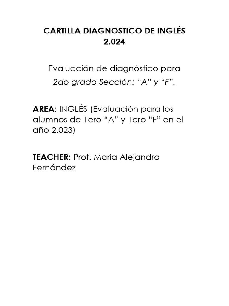 CARTILLA DIAGNOSTICO DE INGLÉS 2.024 -1ero A y F | PDF