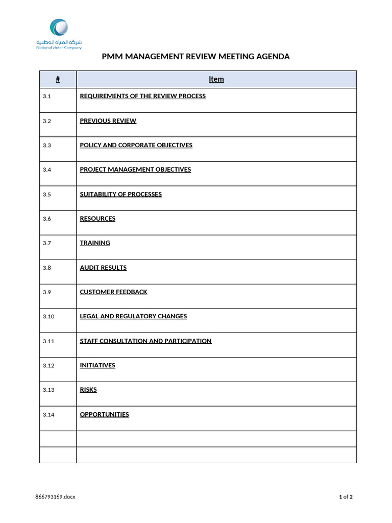 PMF-006-GOV-016_02 PMM Management Review Meeting Agenda | PDF