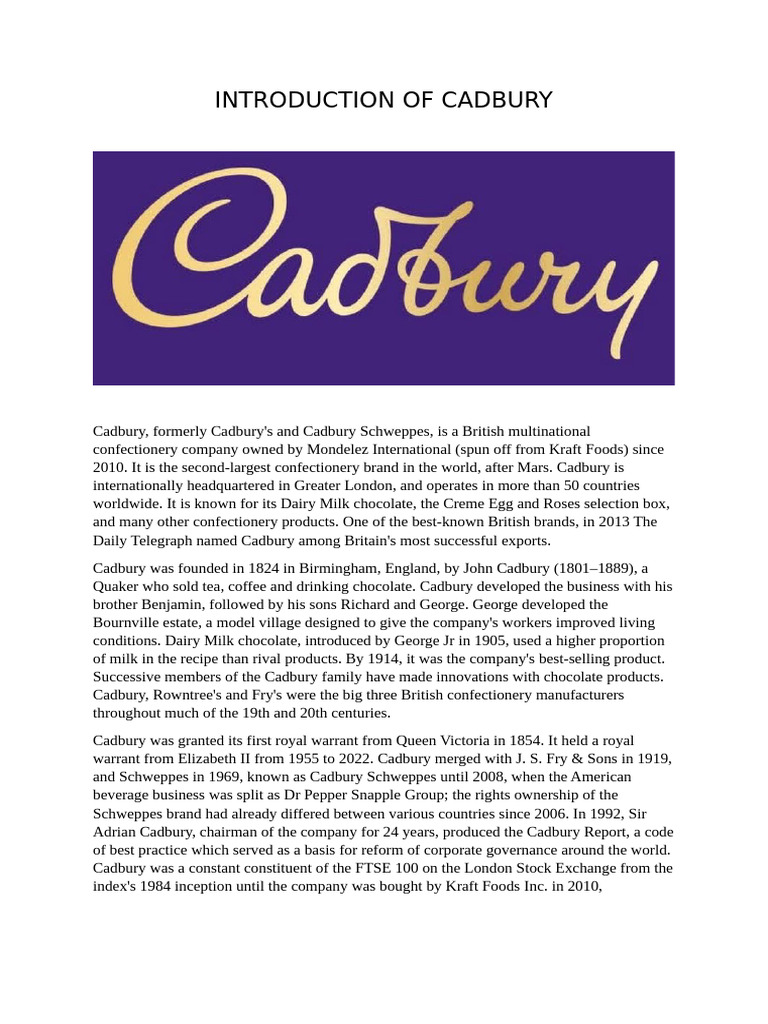 Cadbury: A British Confectionery Legacy | PDF | Mondelez International ...