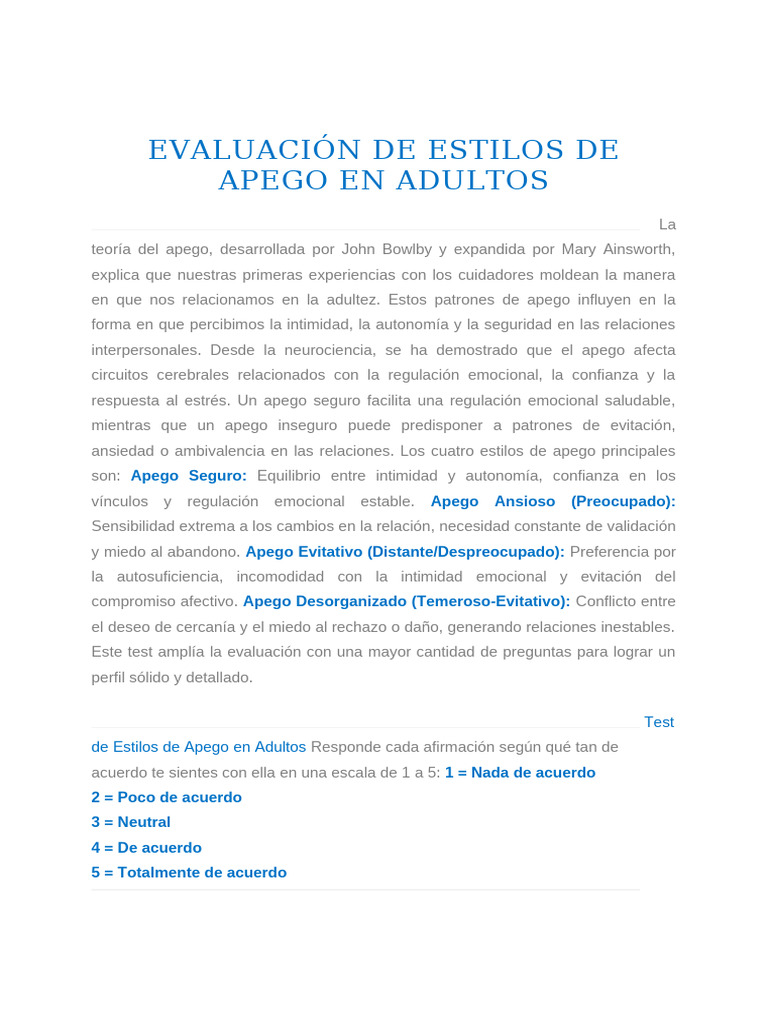 Evaluación de Estilos de Apego en Adultos | PDF | Teoría de apego | Ciencias del comportamiento