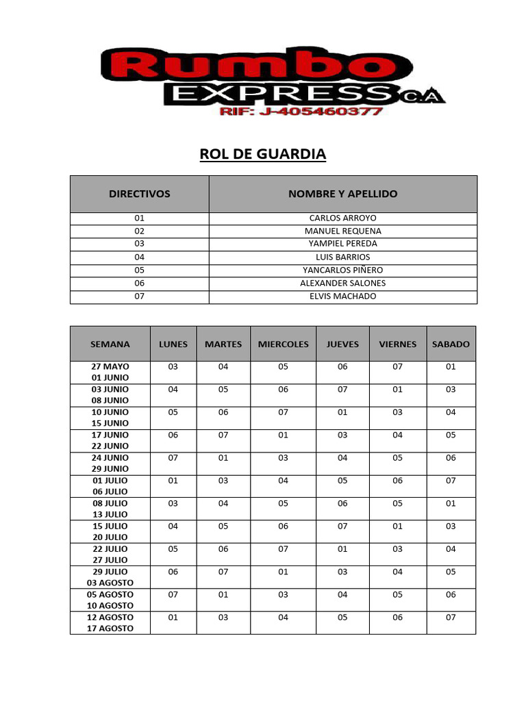 RUMBO EXPRESS ROL DE GUARDIA | PDF